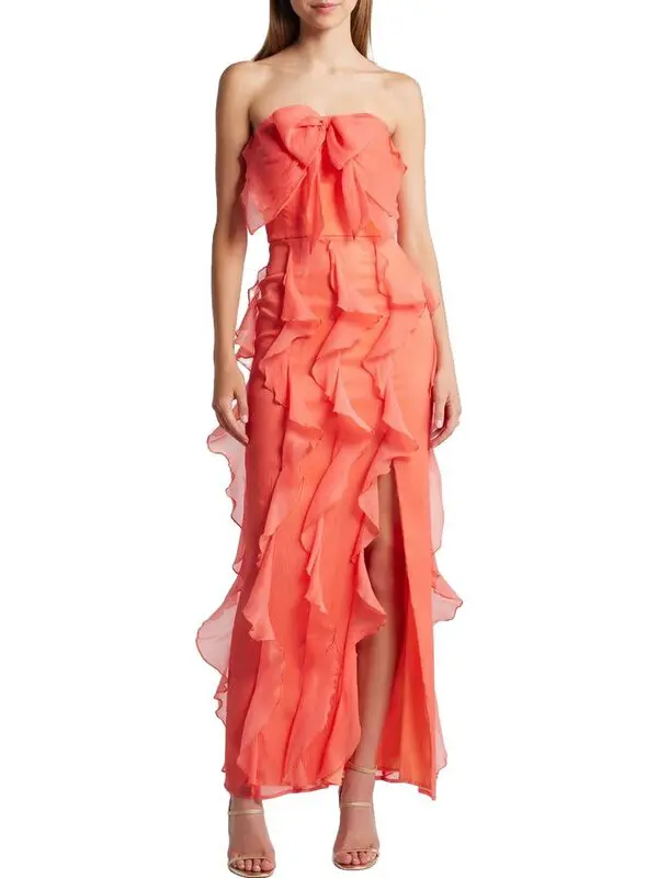 HUTCH Allover Ruffle Strapless Gown - Coral