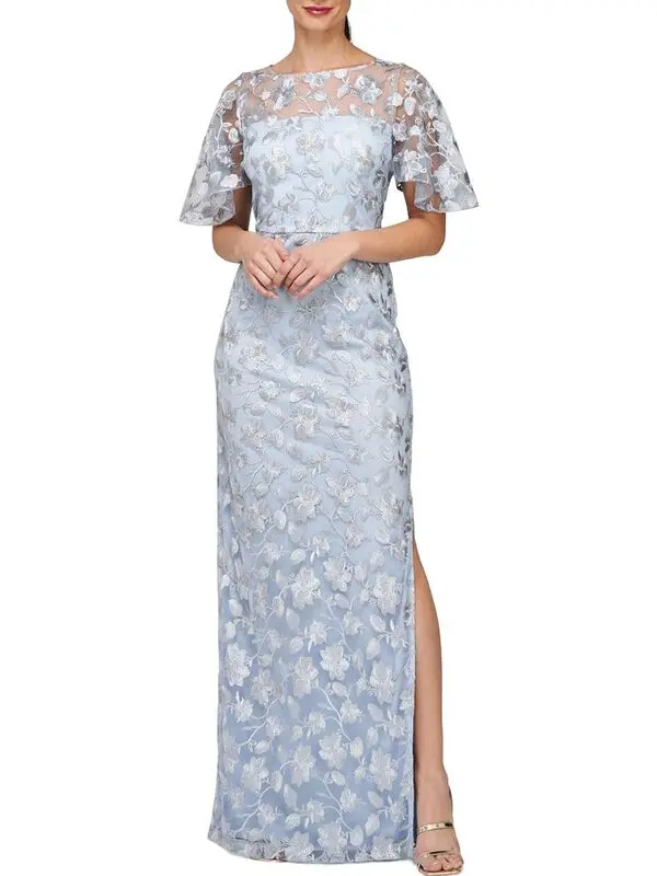 Js Collections Brooke Floral Embroidered Gown - Silver/ Azure