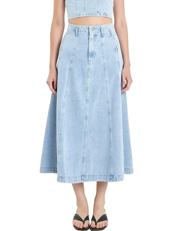 GREY LAB Denim A-line Midi Skirt - Light Denim