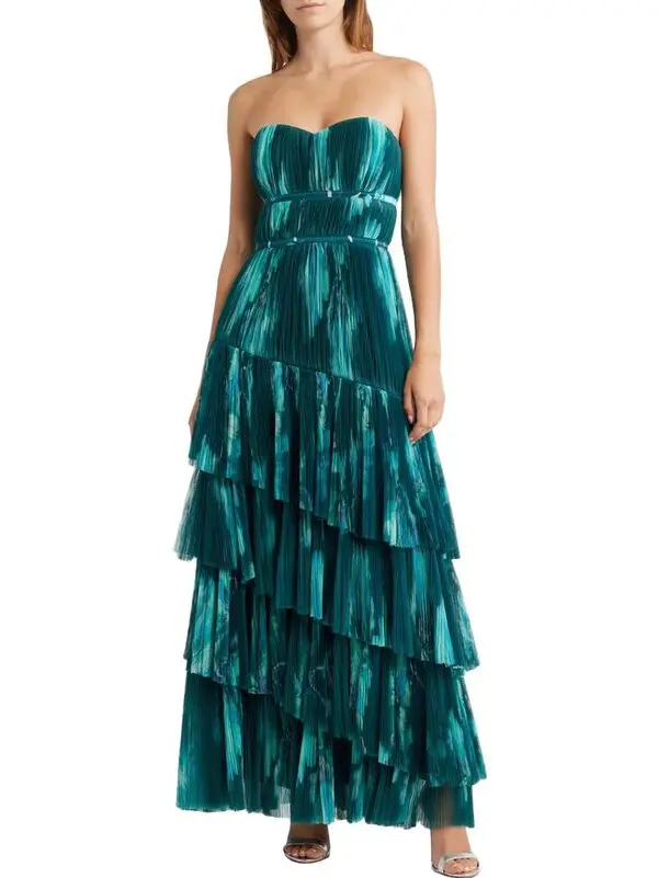 HUTCH Strapless Tiered Tulle Gown - Teal Bloom
