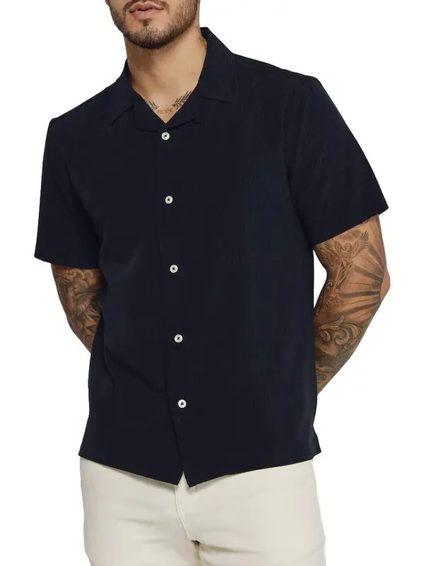 7 Diamonds Vance Textured Stretch Camp Shirt - Navy