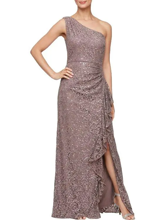 Alex Evenings One-shoulder Sequin Lace Gown - Mocha