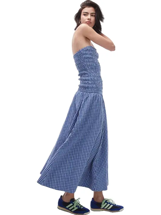 Topshop Plaid Smocked Strapless Maxi Dress - Medium Blue