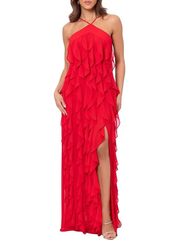 XSCAPE EVENINGS Corkscrew Ruffle Chiffon Gown - Red