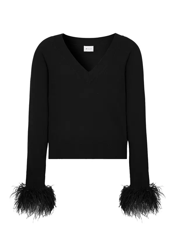 MILLY Feather Cuff V-neck Sweater - Black