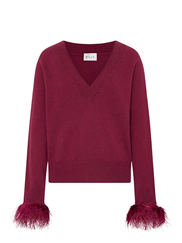 MILLY Long Sleeve Feather Cuff Sweater - Burgundy