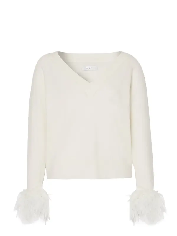 MILLY Feather Cuff V-neck Sweater - Ecru