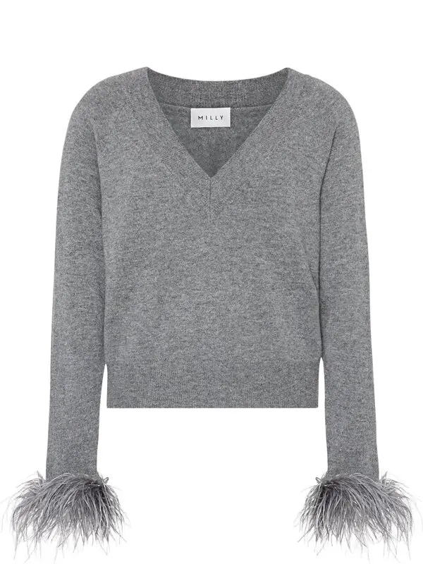 MILLY Feather Cuff V-neck Sweater - Grey Heather