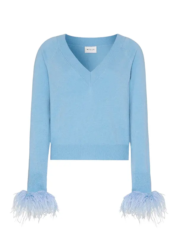 MILLY Feather Cuff V-neck Sweater - Ice Blue