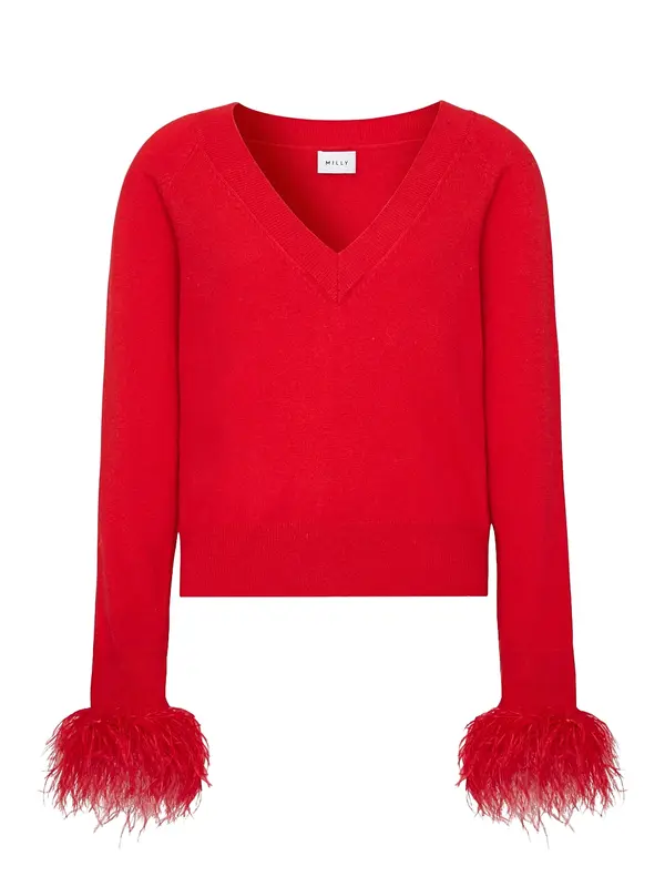 MILLY Feather Cuff V-neck Sweater - Red