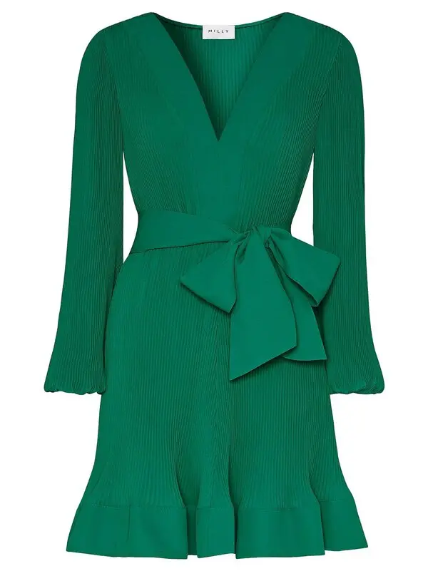 MILLY Liv Pleated Long Sleeve Mini Dress - Dark Forest