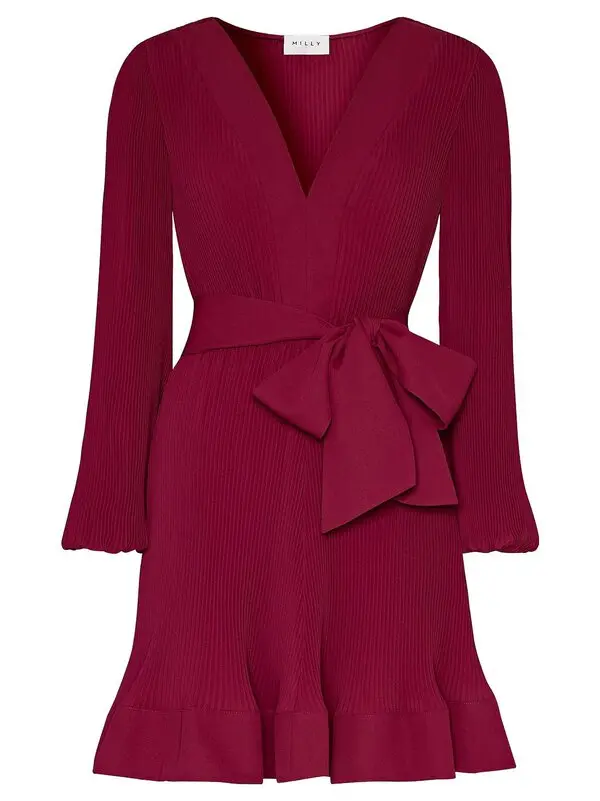 MILLY Liv Pleated Long Sleeve Mini Dress - Wine