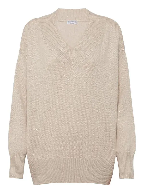 Brunello Cucinelli Embellished Cashmere And Silk Sweater - Beige
