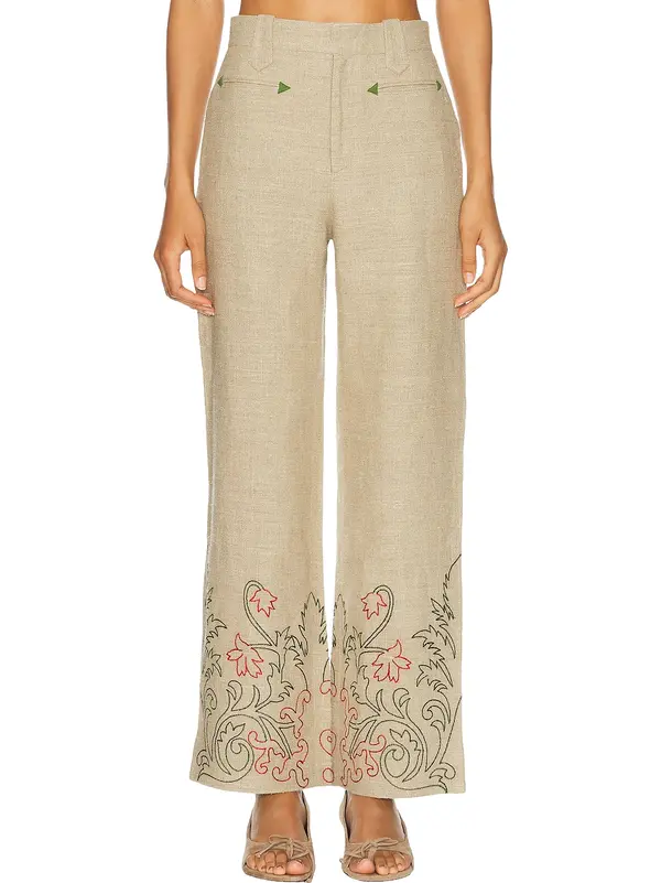 BODE Embroidered Trumpet Flower Murphy Trouser - Tan