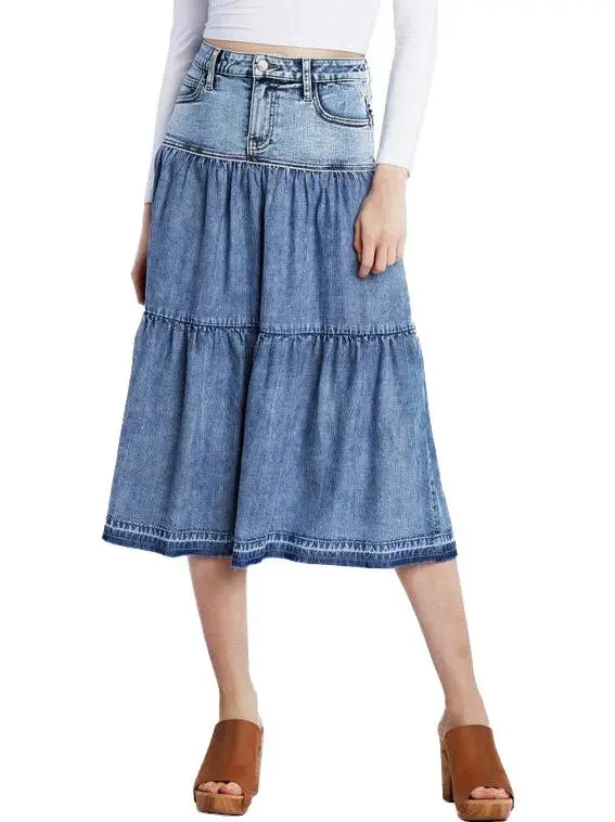 WASH LAB DENIM Tiered Midi Skirt - Flare Blue
