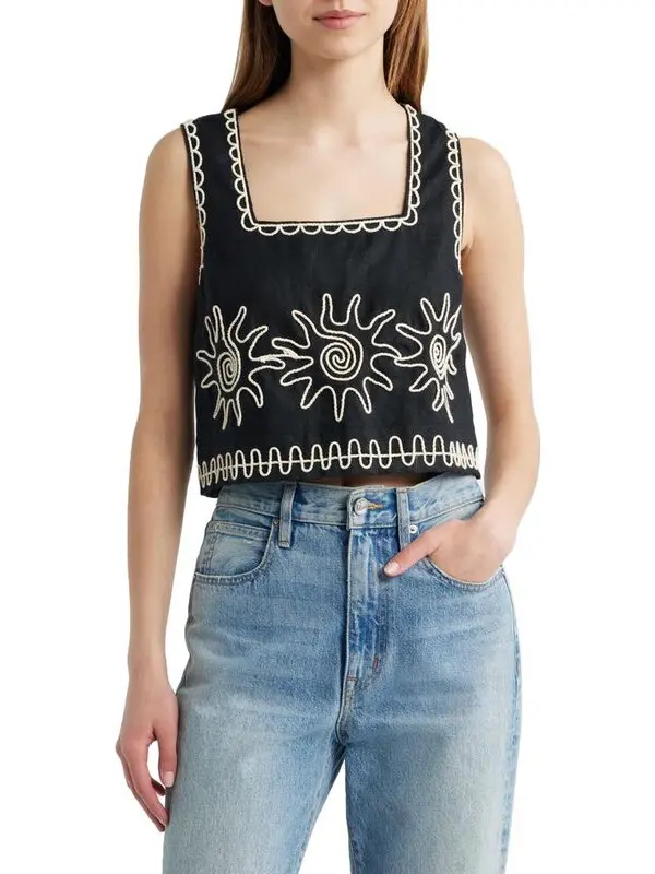 Rails Akira Linen Crop Tank Top - Sun Embroidery
