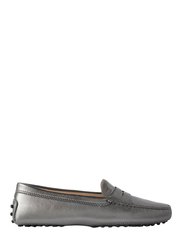 TOD'S Gommino Metallic Leather Loafers - Silver