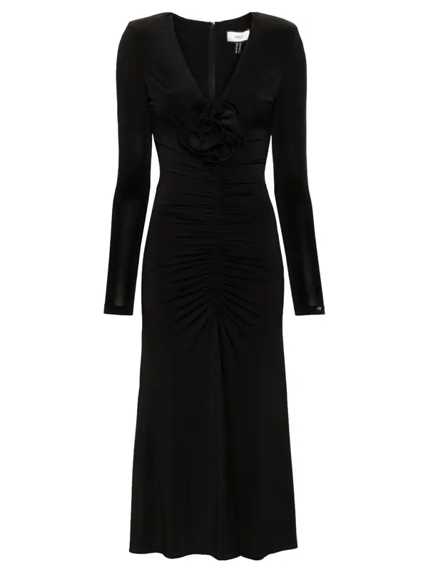 NISSA Floral-appliqué Ruched Gown - Black