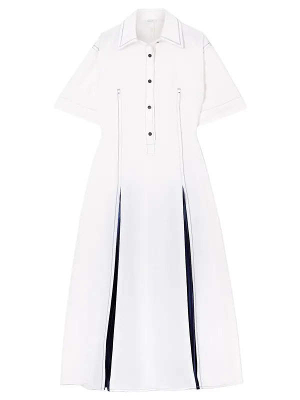 FERRAGAMO Topstitched Satin-trimmed Poplin Midi Dress - White