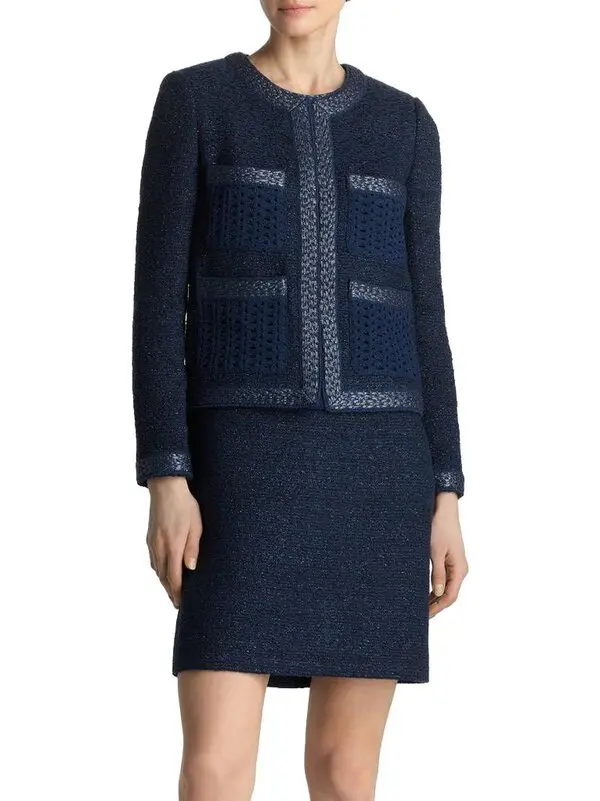 St. John Openwork Pocket Metallic Tweed Jacket - Royal Blue/ Lurex Multi