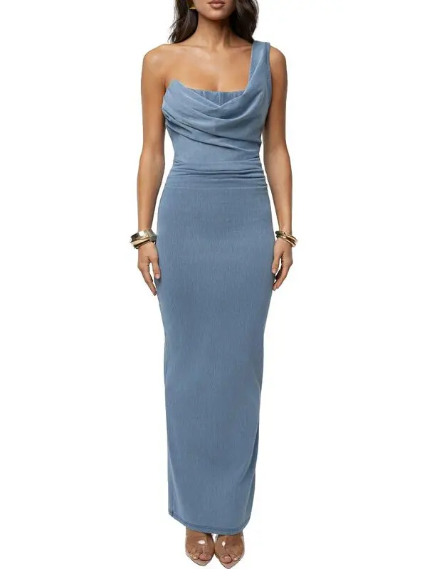 JLUXLABEL Ruched One-shoulder Maxi Dress - Denim