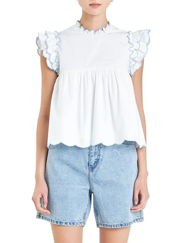 English Factory Scallop Ruffle Cotton Top - White