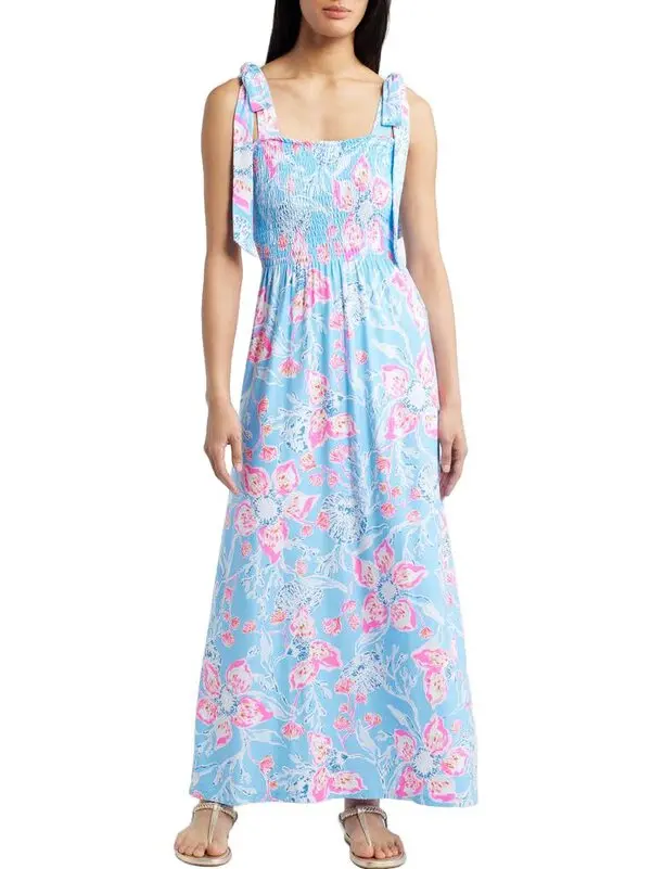 LILLY PULITZER® Floral Smocked Tie Shoulder Maxi Dress - Multi Bahamian Rhapsody