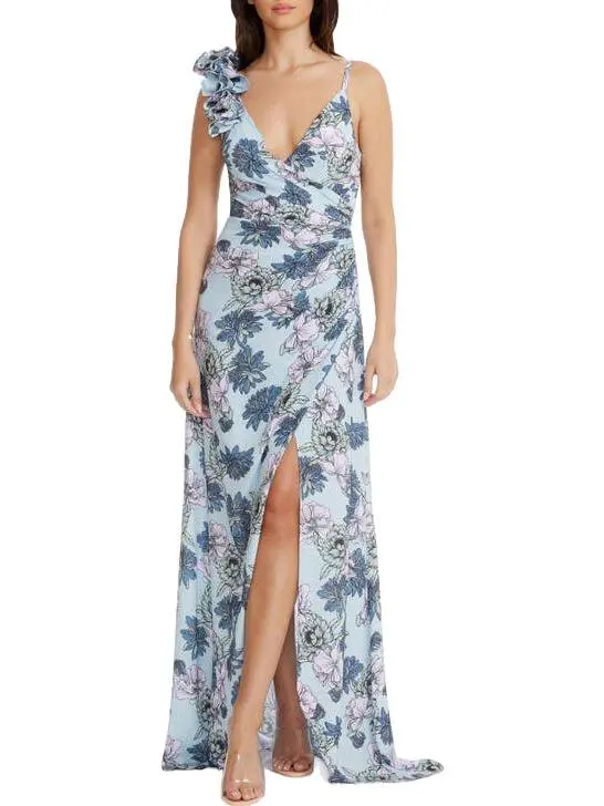 Dress The Population Camelia Floral Gown - Powder Blue Multi