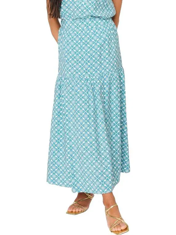 GIBSONLOOK Floral Tiered Maxi Skirt - Teal Leaf Tile