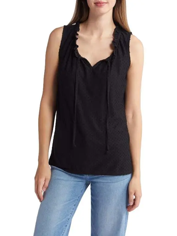 Loveappella Tie Neck Swiss Dot Sleeveless Knit Top - Black