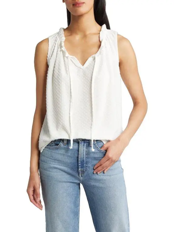 Loveappella Tie Neck Swiss Dot Sleeveless Knit Top - Ivory