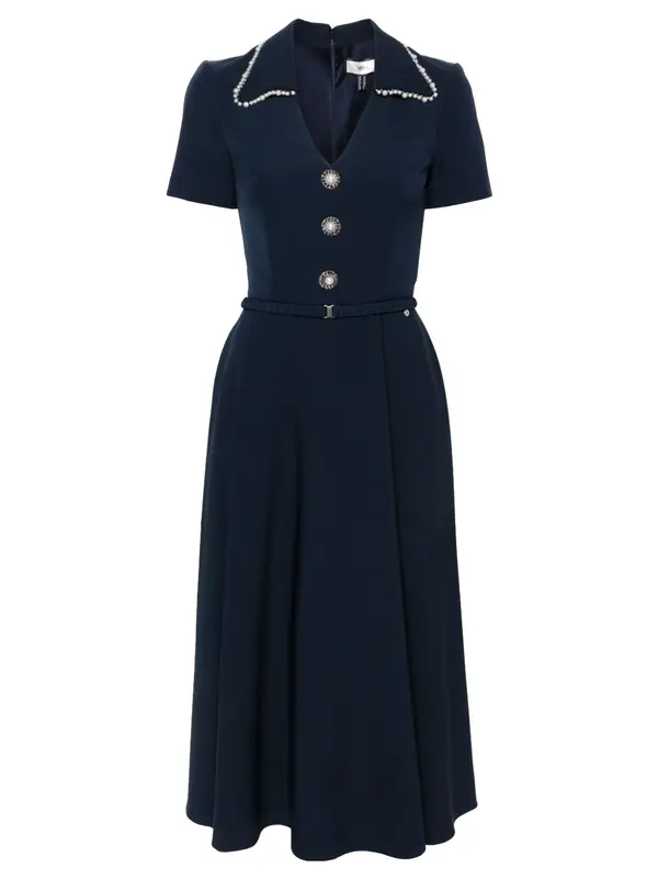 NISSA V-neck Belted Midi Dress - Blue