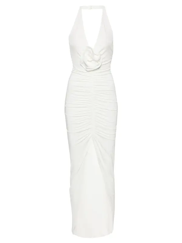 NISSA Floral-appliqué Ruched Gown - White