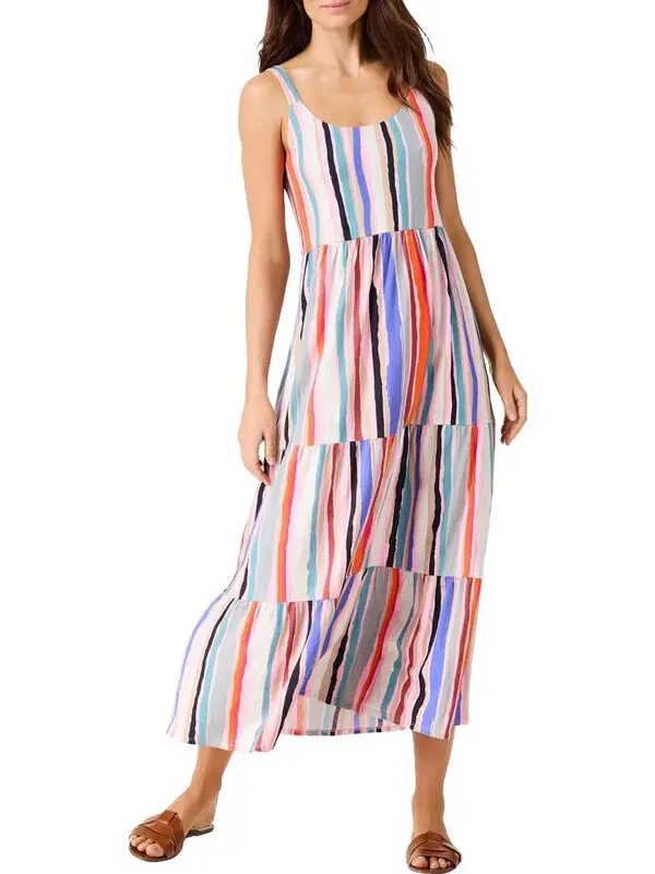 NIC+ZOE Painted Stripe Tiered Midi Sundress - Pink Multi