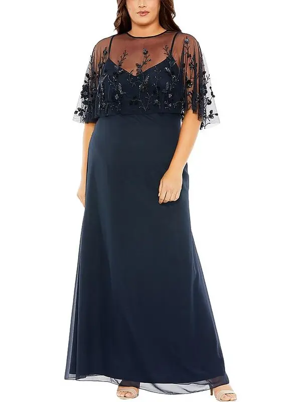 Mac Duggal Embellished Cape Gown - Midnight