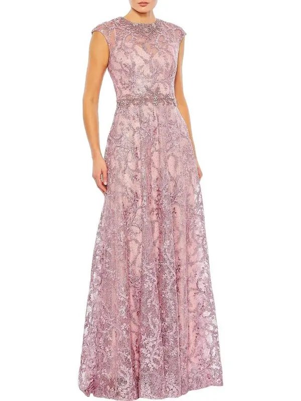 Mac Duggal Embroidered Illusion Cap-sleeve Gown - Rose