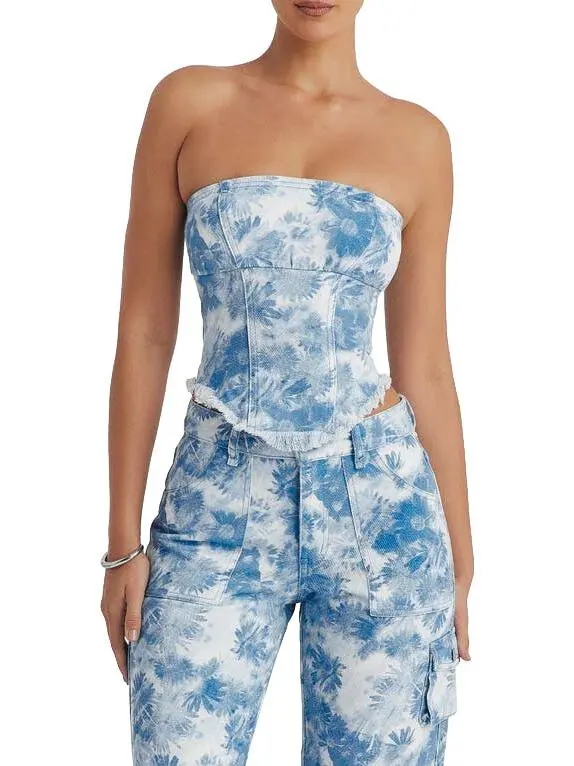 MISTRESS ROCKS Floral Denim Corset Top - Blue