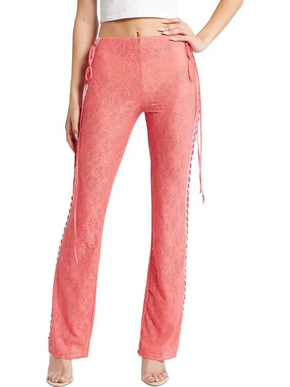 MISTRESS ROCKS Floral Lace Lace-up Flare Pants - Grapefruit