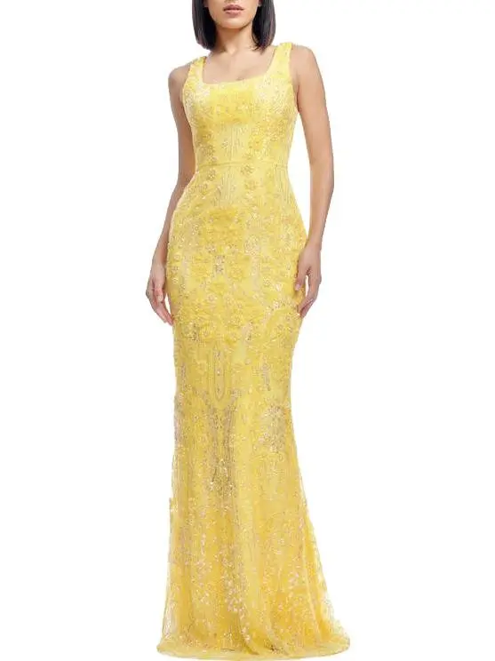 Dress The Population Tyra Beaded Chiffon Mermaid Gown - Canary