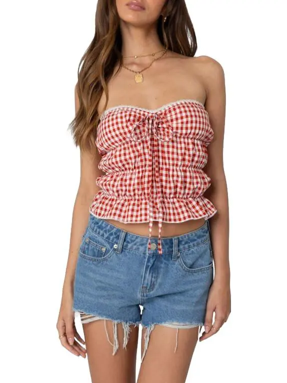 EDIKTED Lanna Gingham Scrunched Tube Top - Red