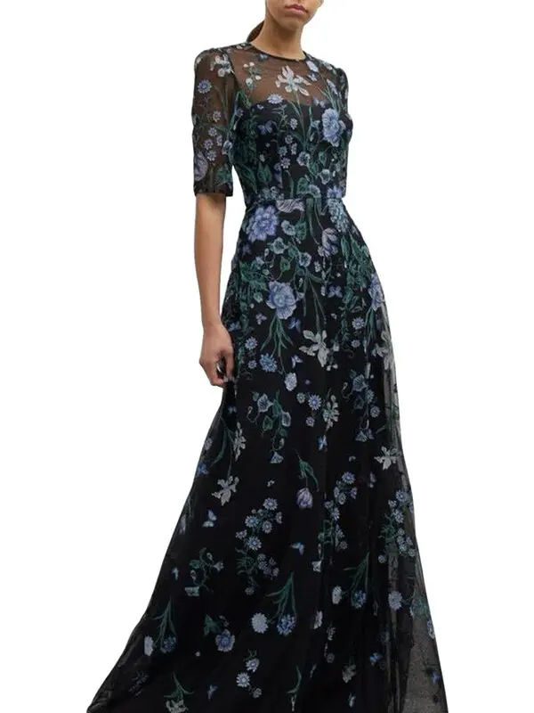 Rickie Freeman For Teri Jon Embroidered Tulle Gown - Black Mult