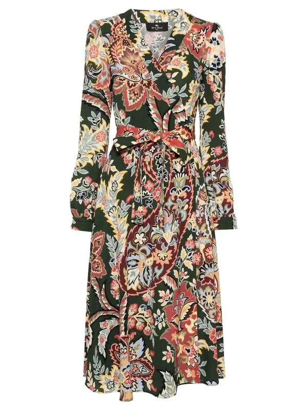 Etro Floral Crepe Midi Wrap Dress - Green