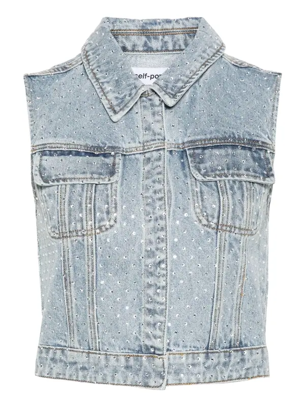 SELF-PORTRAIT Rhinestone Embellished Denim Vest - Blue