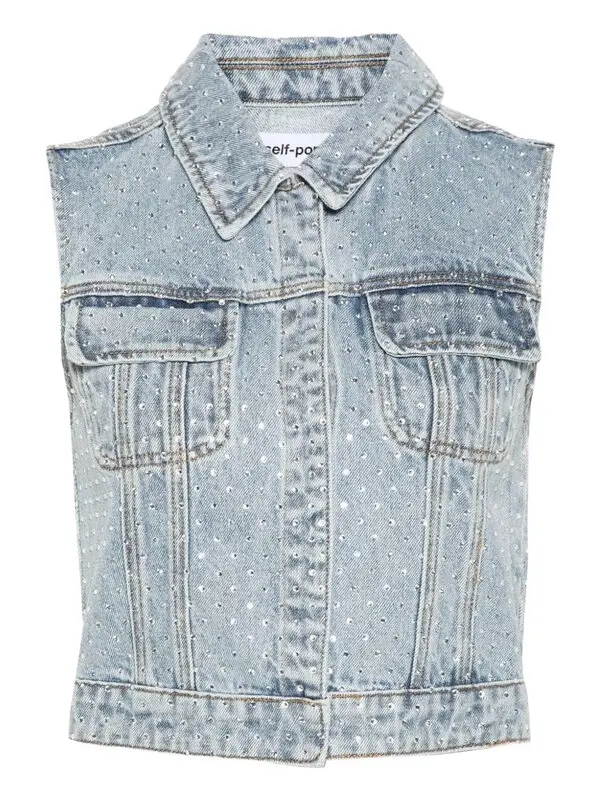 SELF-PORTRAIT Rhinestone Embellished Denim Vest - Blue