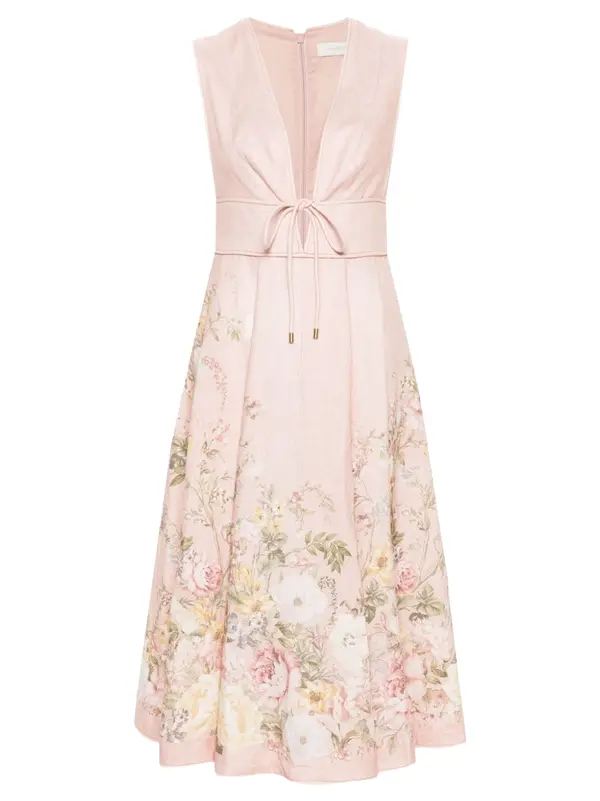 Zimmermann Waverly Plunge Linen Midi Dress - Pink