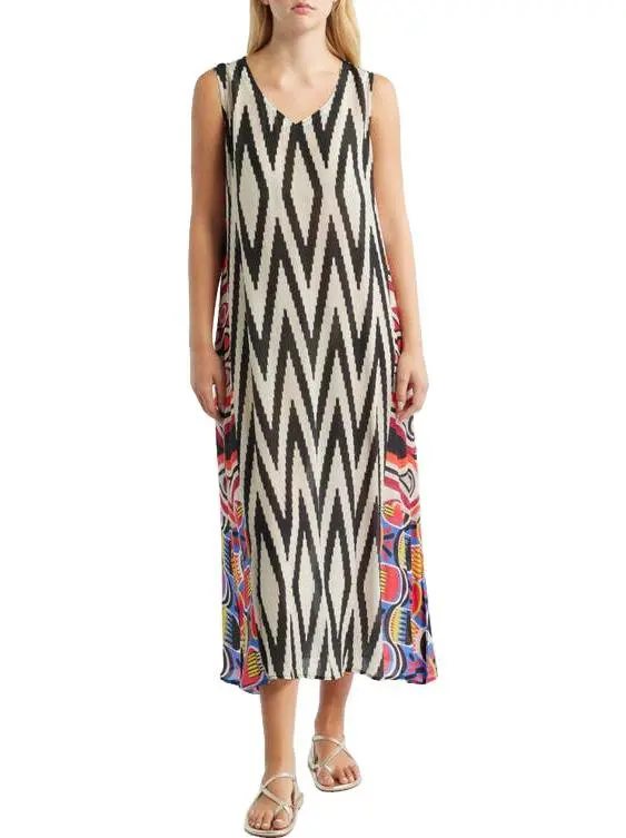 APNY Print V-neck Sleeveless Chiffon Midi Dress - Off White/black Multi