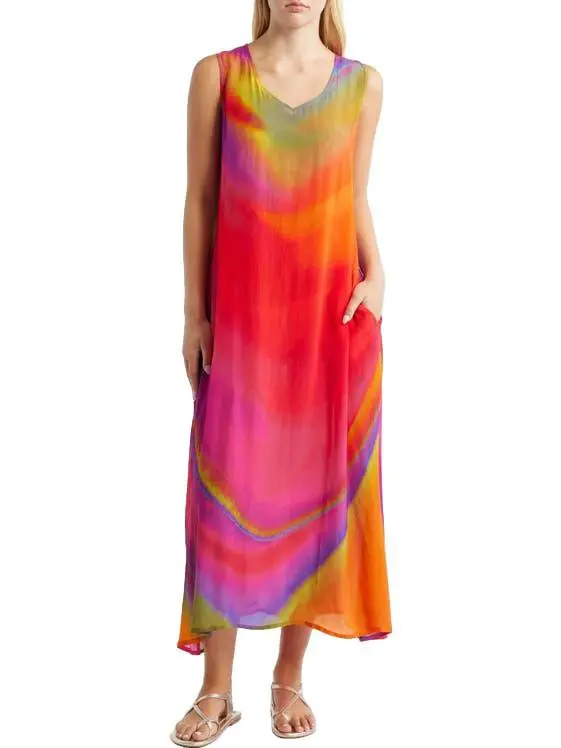 APNY Print V-neck Sleeveless Chiffon Midi Dress - Orange Multi