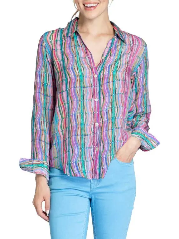 APNY Print Roll-up Sleeve Chiffon Button-up Shirt - Pink Multi