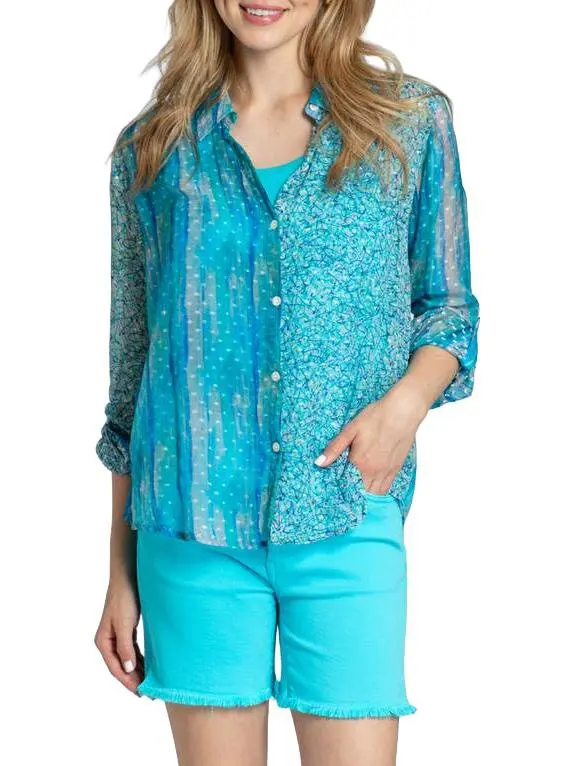 APNY Print Roll-up Sleeve Chiffon Button-up Shirt - Turquoise