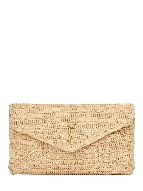 Saint Laurent Raffia Cassandre Envelope Pouch - Brown